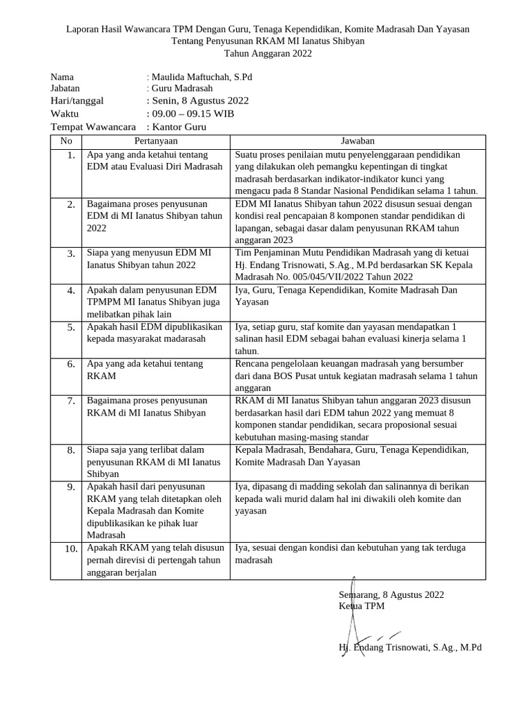 E.1.2 Laporan Hasil Wawancara TPM Dengan Guru, Tenaga Kependidikan, Komite Madrasah Dan Yayasan ...