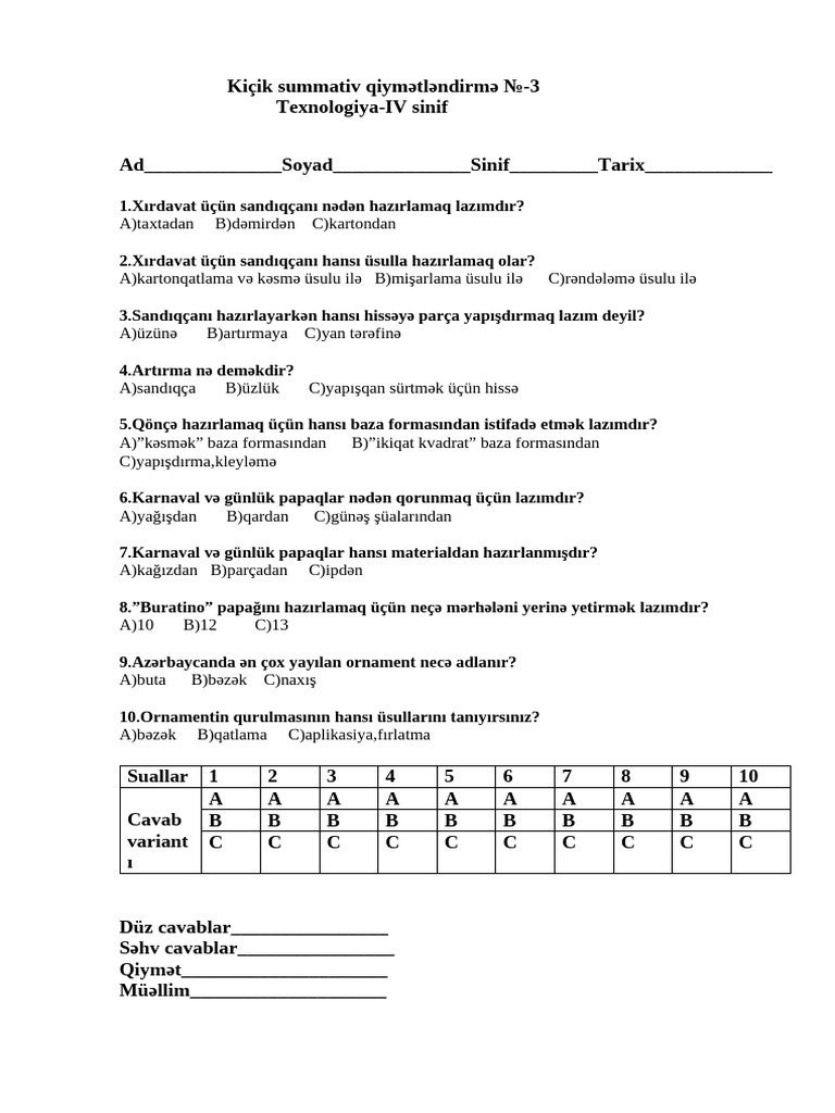 KSQ - 3 Texnologiya IV Sinif Camaləddin | PDF