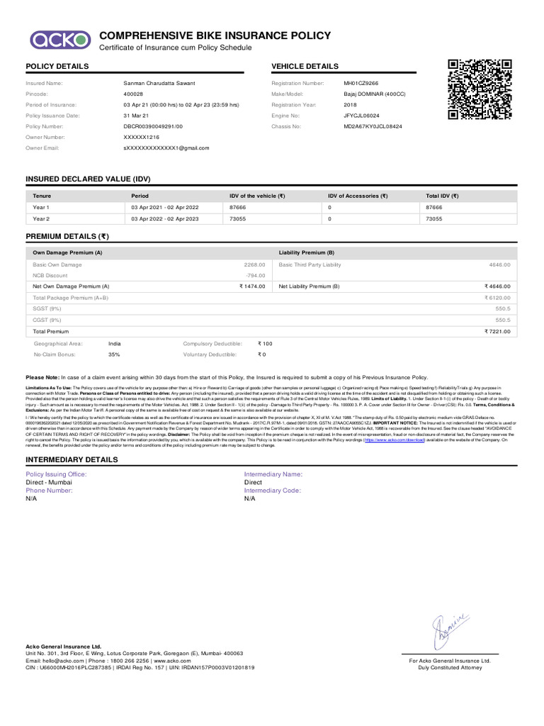 Acko Bike Policy - DBCR00390049291 - 00 | PDF | Insurance | Liability Insurance