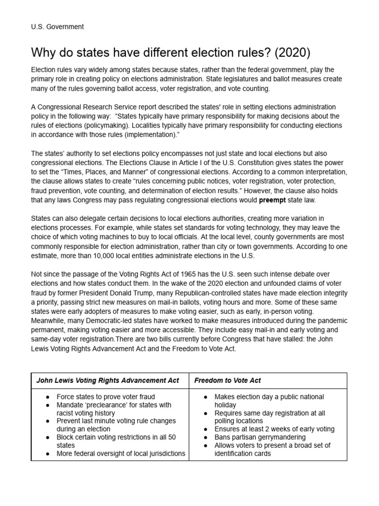 State Voting Laws | PDF | Elections | Article One Of The United States ...