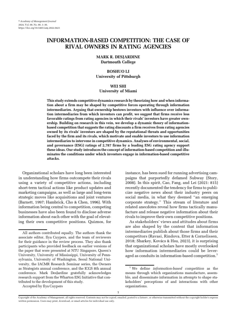 Information-Based Competition - the Case of Rival Owners in Rating Agencies (科研通-Ablesci.com ...
