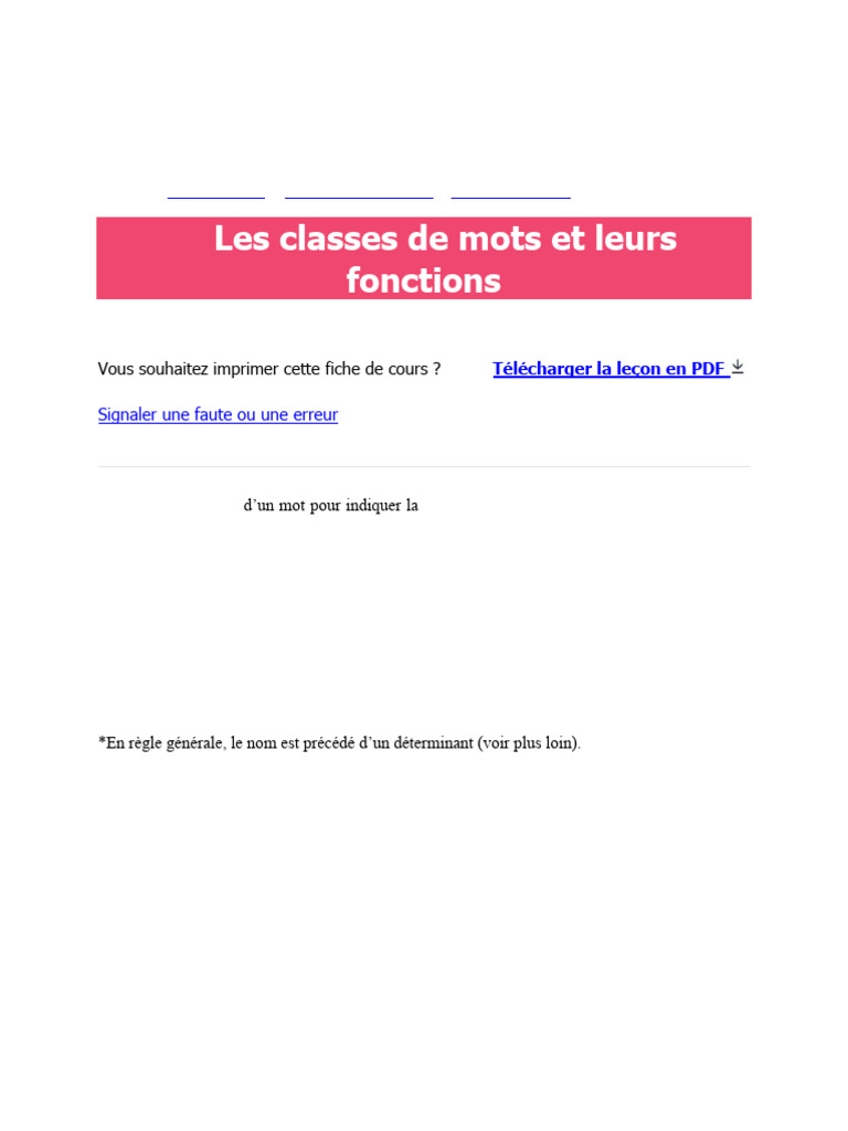 Classes de mots et leurs fonctions en français | PDF | Genre ...