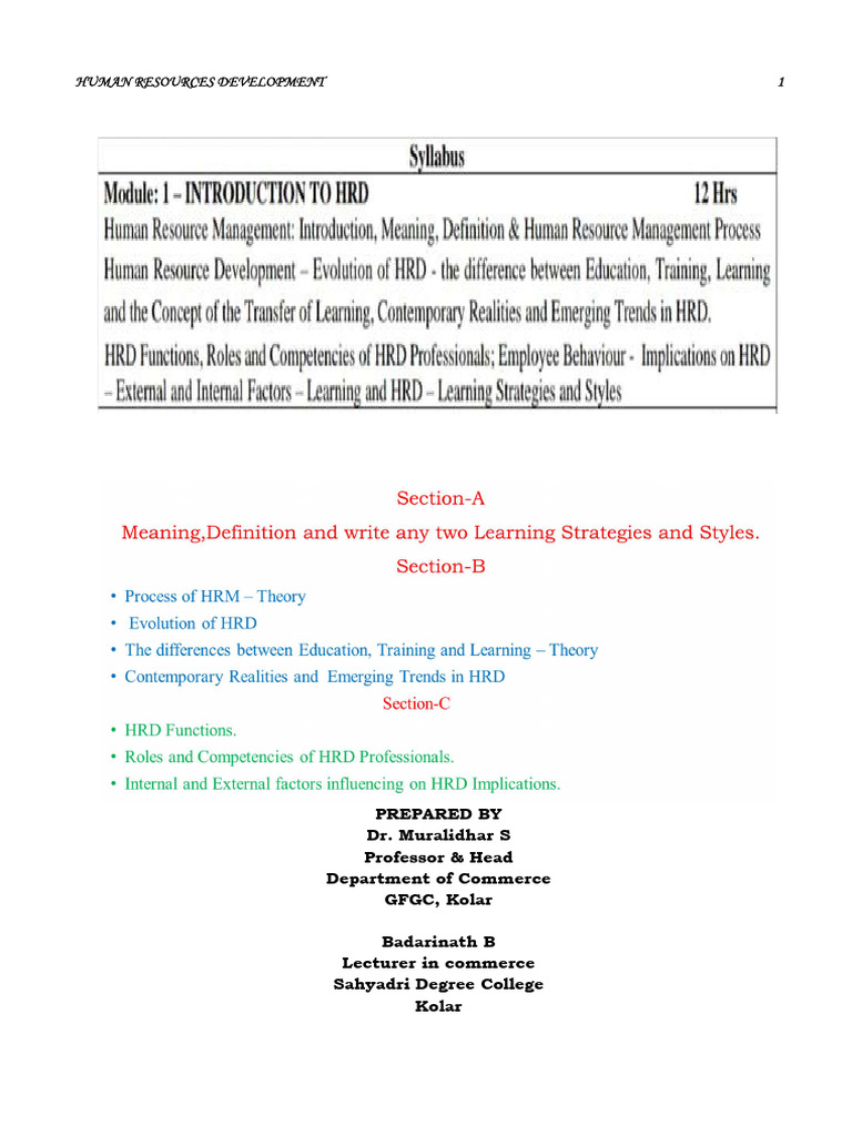 HRD Unit 1 Final 11-12-23 | PDF | Human Resources | Learning