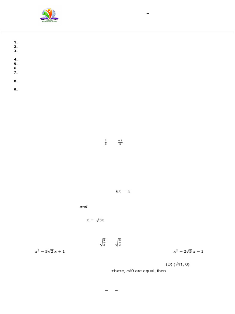 GR - 10 Fourth 25% Portion SET - 1 | PDF | Quadratic Equation | Polynomial