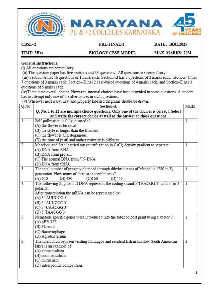 Cbse+2 Prefinal-2 Biology Cbse Model QP - 10.01.2025 - MH | PDF ...