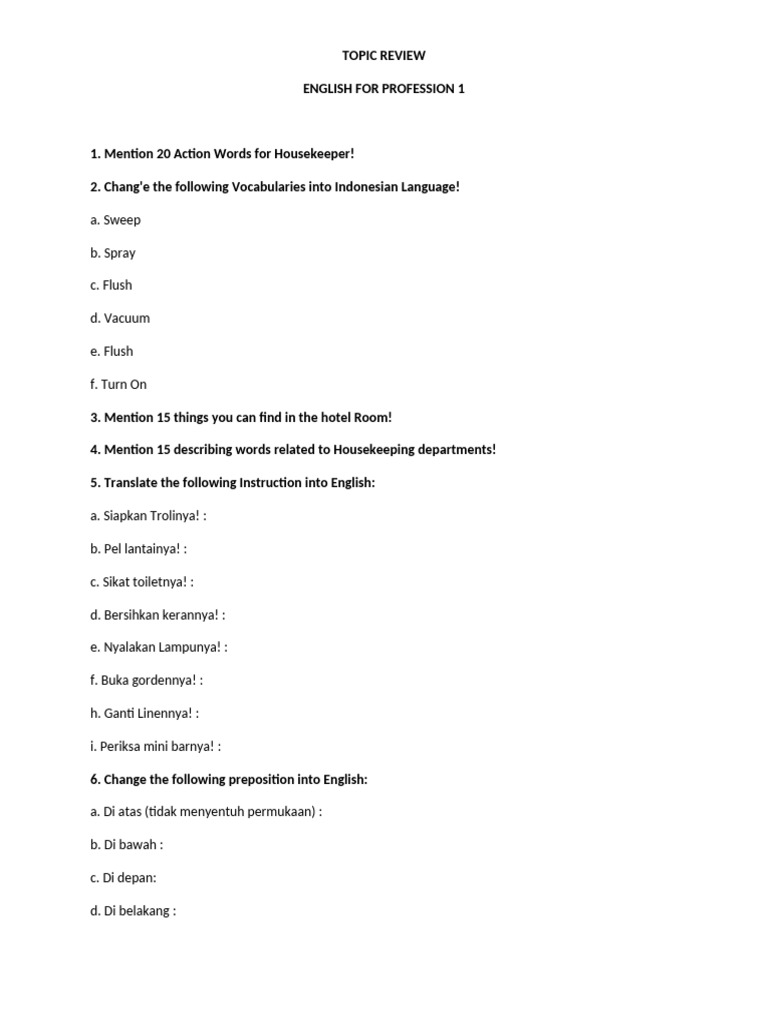 Housekeeping Vocabulary and Tasks Guide | PDF