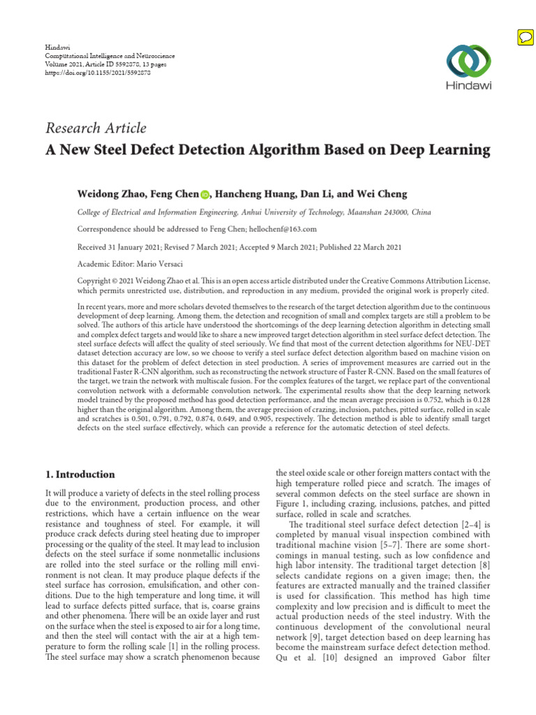 Computational Intelligence and Neuroscience - 2021 - Zhao - A New Steel Defect Detection ...