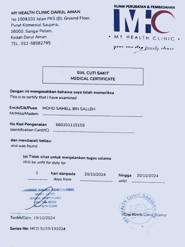 Medical Certificate Issued by My Health Clinic | PDF