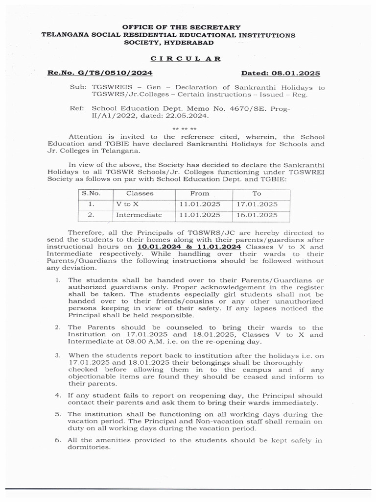 Circular Dated 08.01.2025 - Declaration of Sankranthi Holidays To TGSWR School and Junior ...