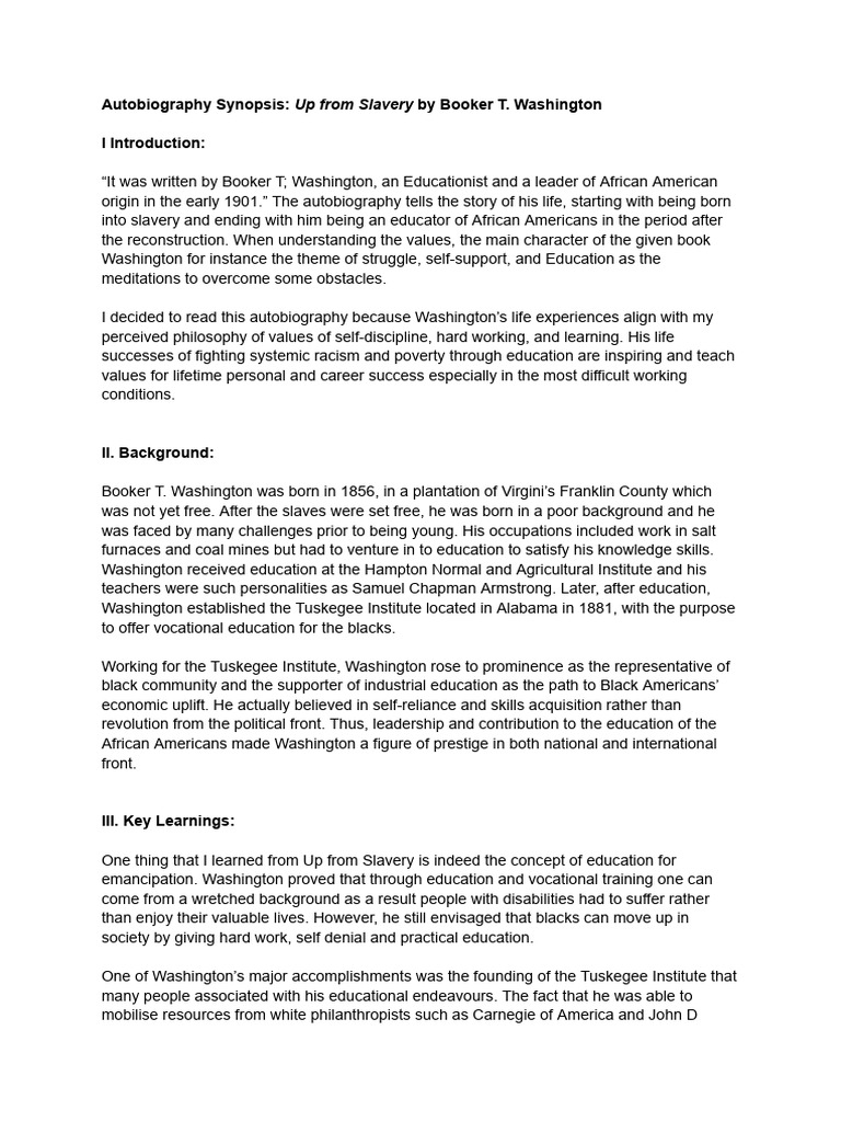 Autobiography Synopsis - Up From Slavery by Booker T. Washington | PDF