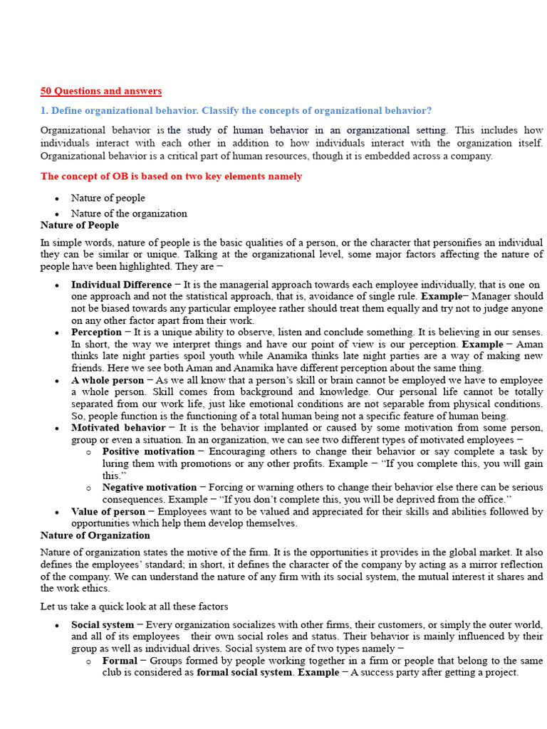 OB 50 Question and Ansewrs | PDF | Behaviorism | Organizational Behavior