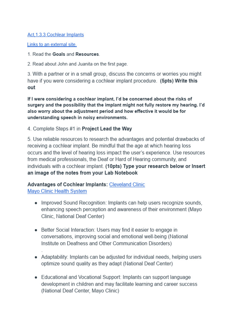 Act 1.3.3 Cochlear Implants | PDF | Hearing Loss | Human Communication