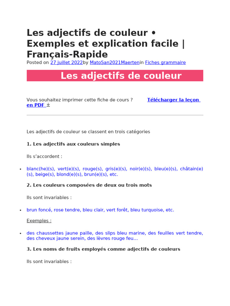 Les adjectifs de couleur | PDF