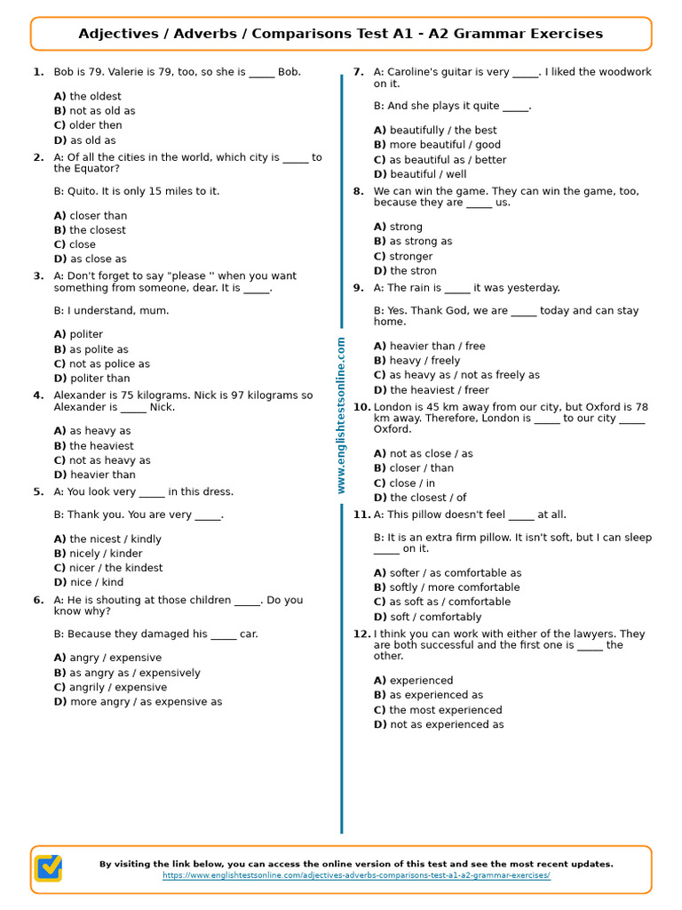 459 - Adjectives Adverbs Comparisons Test A1 A2 Grammar Exercises | PDF