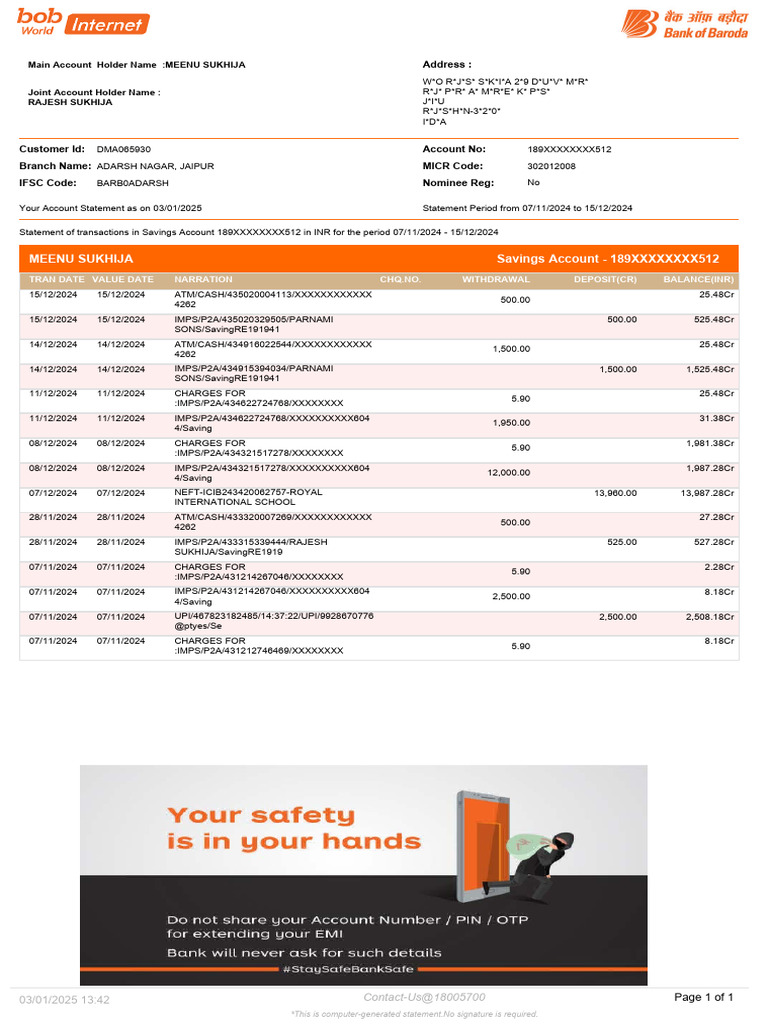 Savings Account - 189XXXXXXXX512 Meenu Sukhija: Address | PDF ...