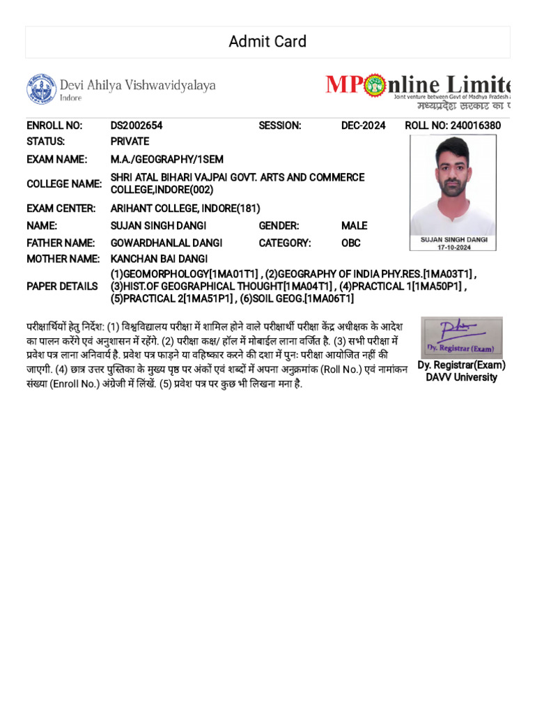 MA Admit Card | PDF