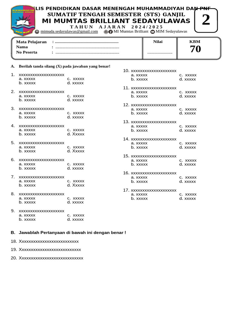 Format Soal STS Kls 2 | PDF