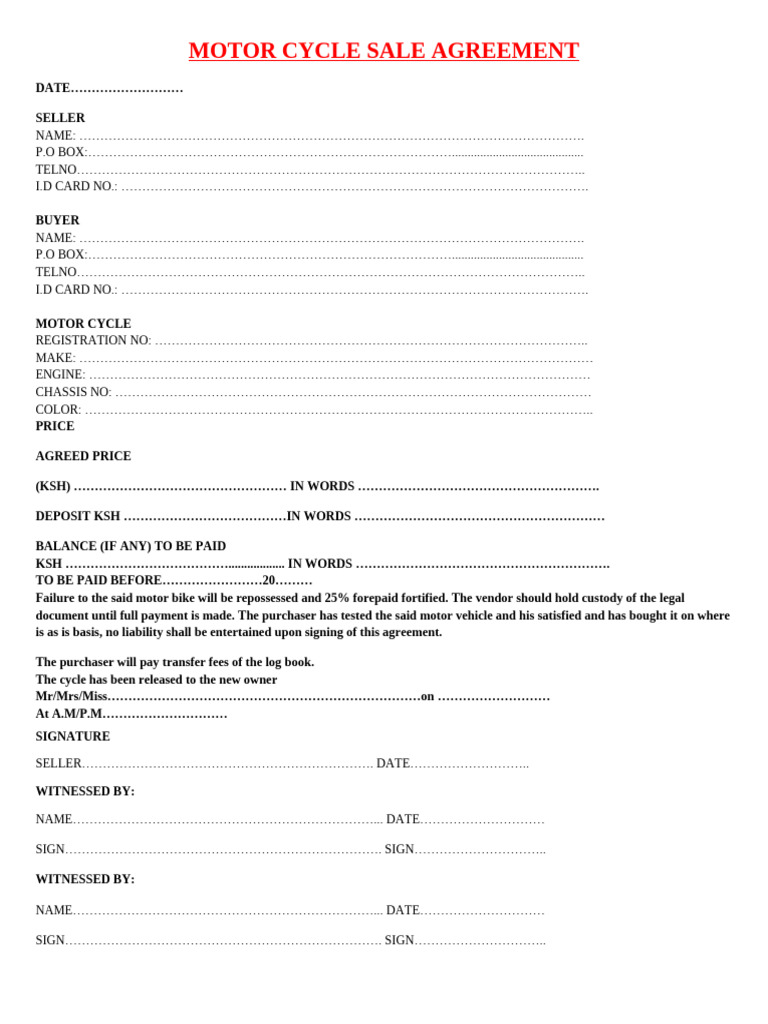 Motorcycle Sale Agreement Template | PDF