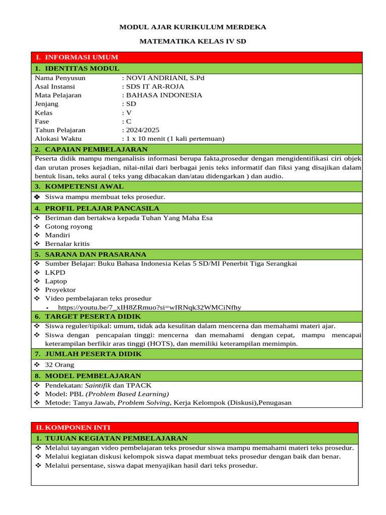 Modul Ajar Teks Prosedur Kelas V Sd Pdf