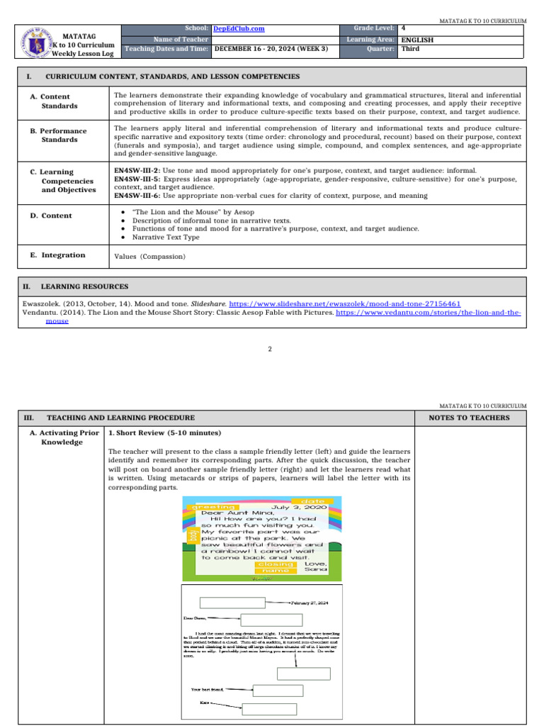 DLL Matatag - English 4 q3 w3 | PDF | Curriculum | Learning