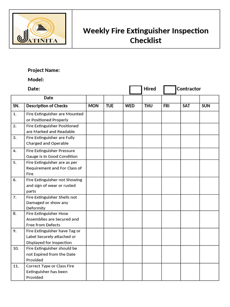 Jatinita Fire Extinguisher Inspection Checklist | PDF