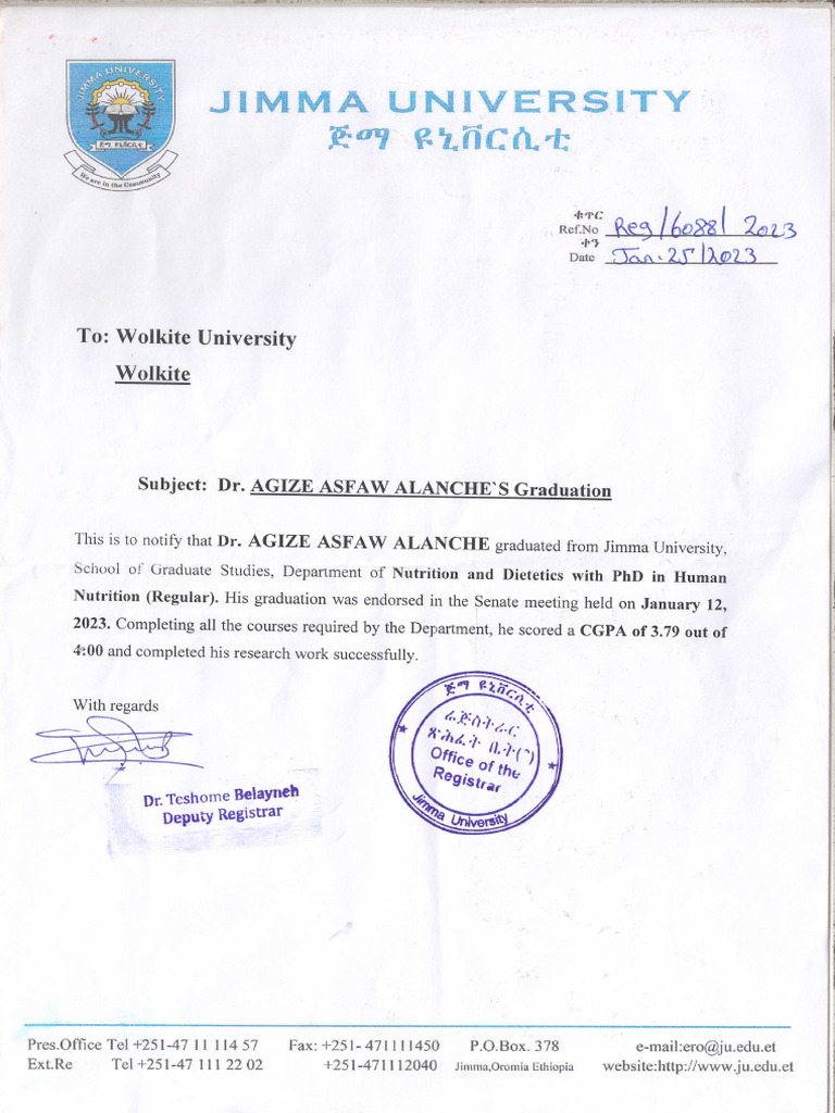 Dr. Agize Asfaw Alanche PhD Graduation Notice | PDF