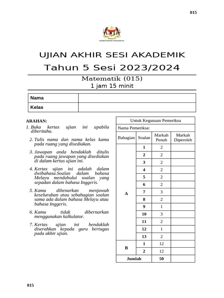 Uasa Matematik Tahun 5 | PDF