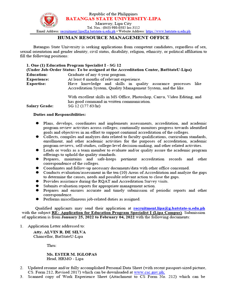 Hiring For Posting Educational Program Specialist I | PDF