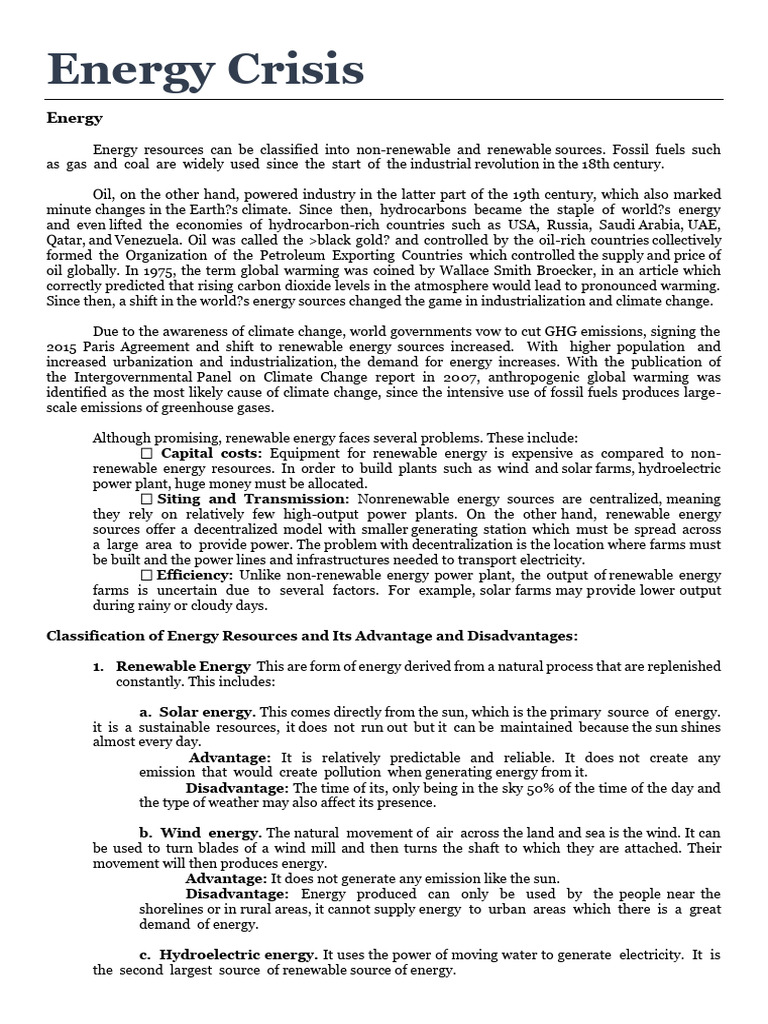 Energy Crisis Pdf Climate Change Energy Development