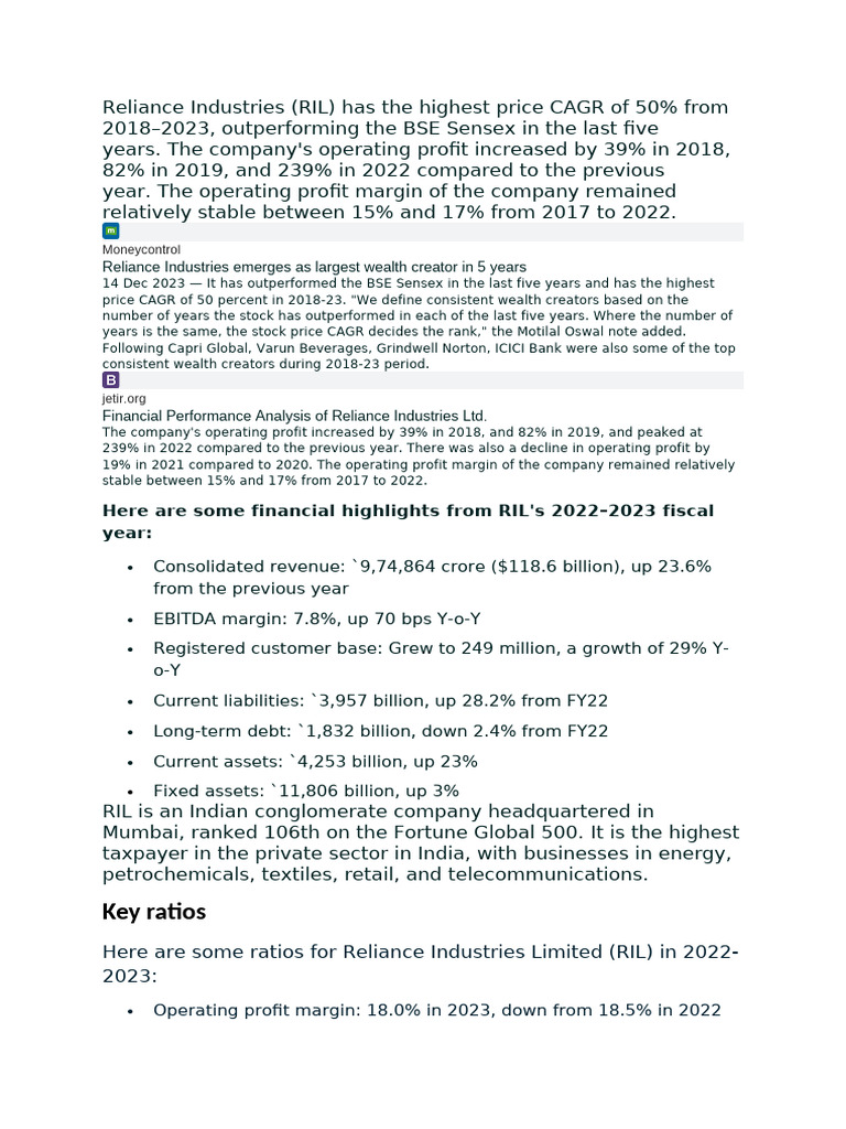 Reliance Industries Financial Ratios 2023 | PDF | Economies | Financial ...