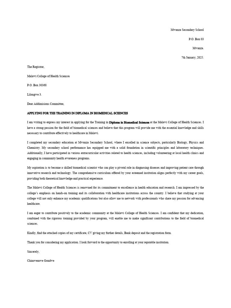 Application Letter - Basic - Mchs - Sample | PDF