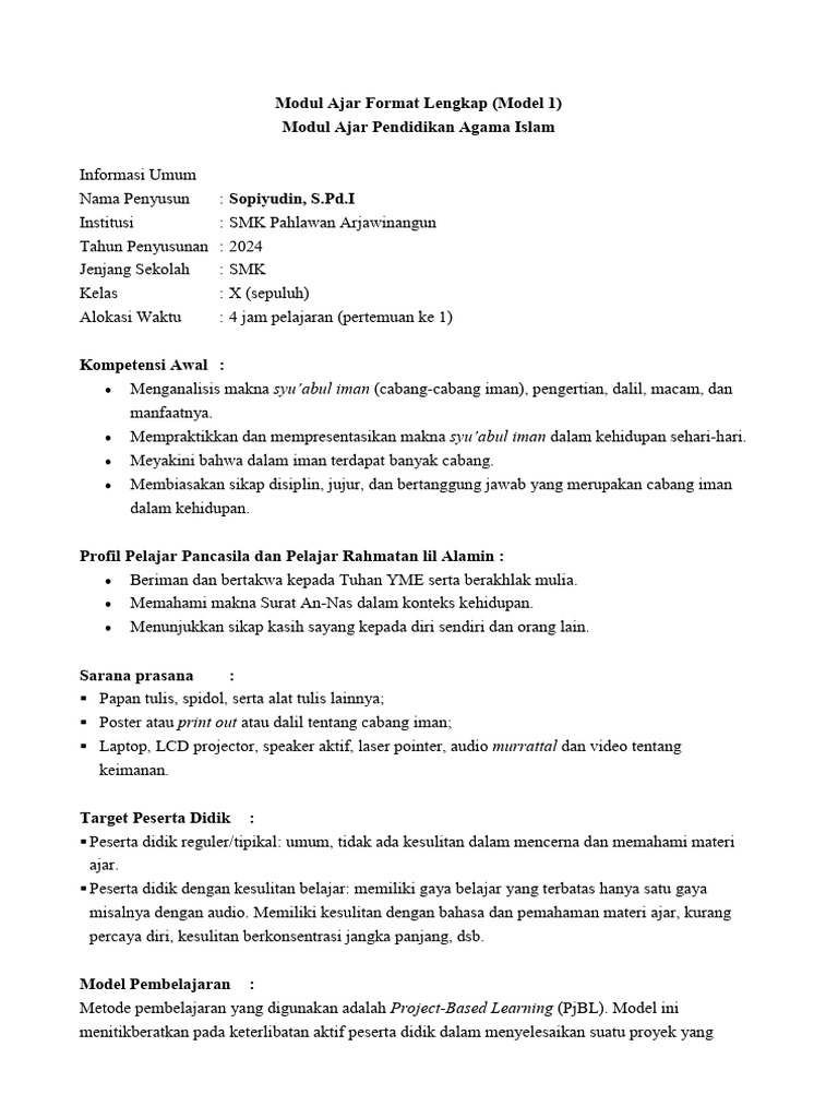MODUL AJAR PJBL Syuabul Iman | PDF