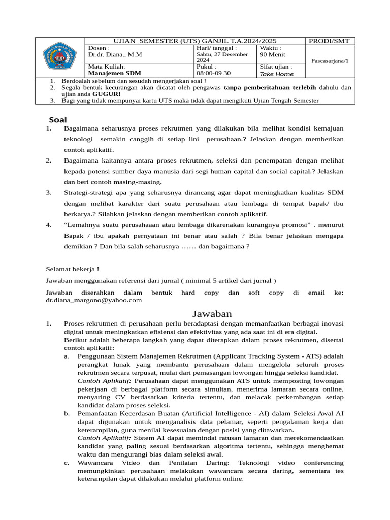UTS Manajemen SDM Pascasarjana 2024 | PDF