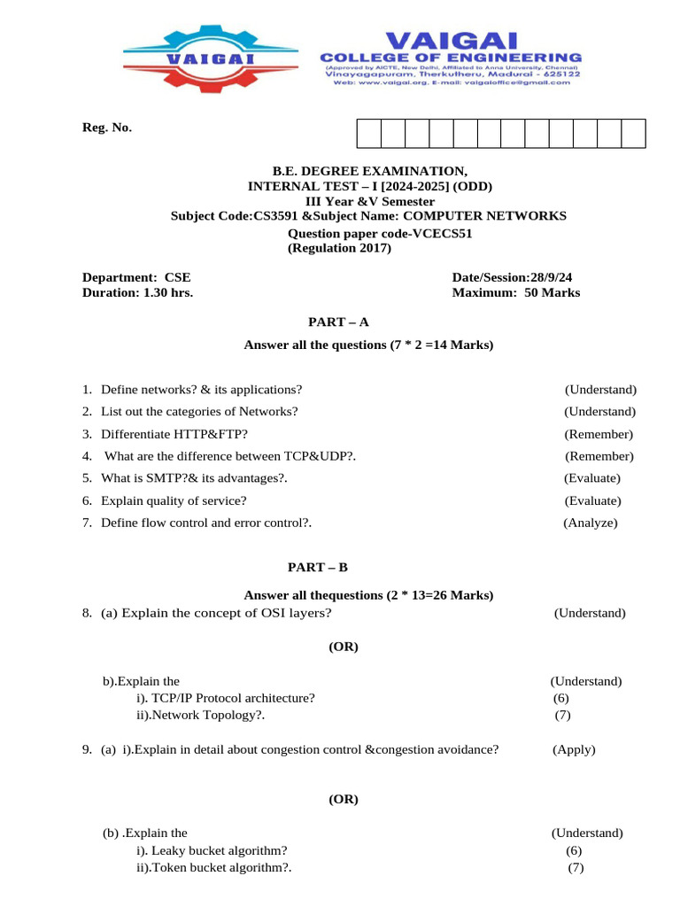 Computer Networks Internal 1 Qns Paper Pdf Transmission Control