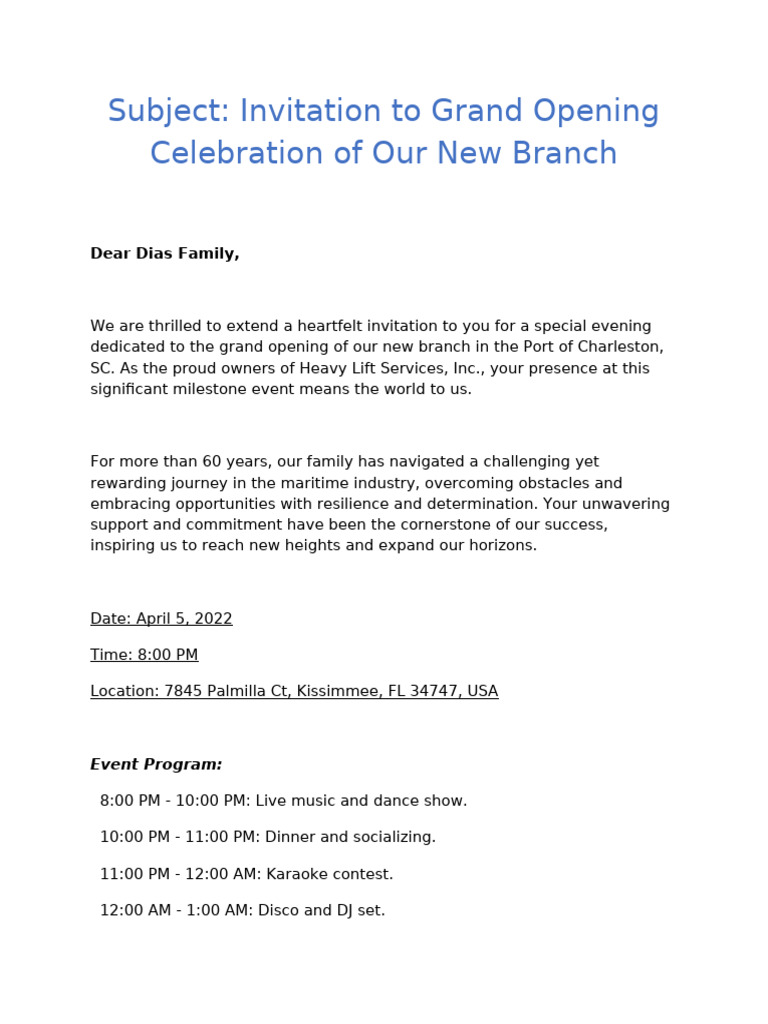 Example#2 For Invitation For Family Heavy Lift Services Inc, 2022 | PDF