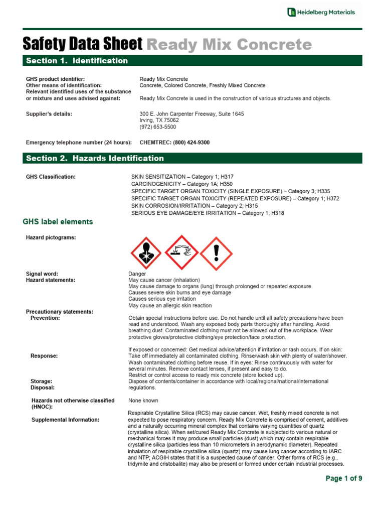 Ready Mix Concrete Safety Data Sheet | PDF | Occupational Safety And ...