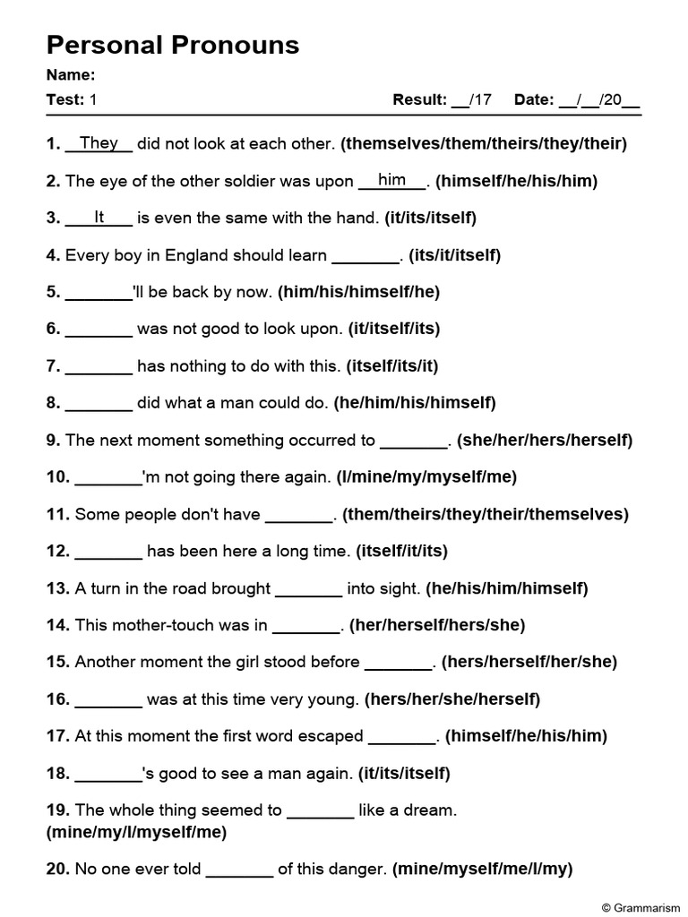 Grammarism Personal Pronouns Test 1 1030774 | PDF