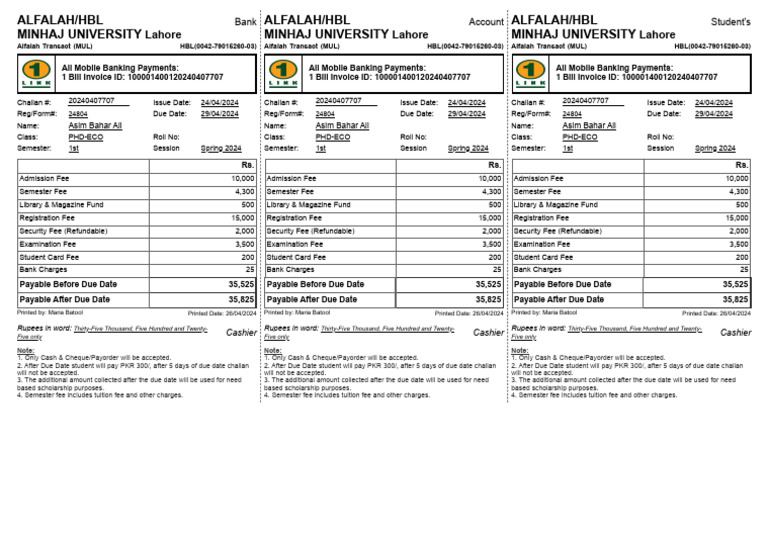 Fee Challan Form (1) | PDF | Cheque | Fee