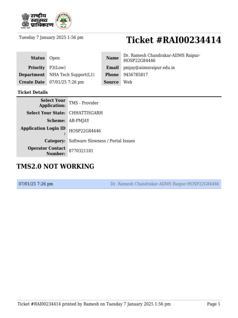TMS Provider 2.0 Issue Ticket RAI00234414 | PDF