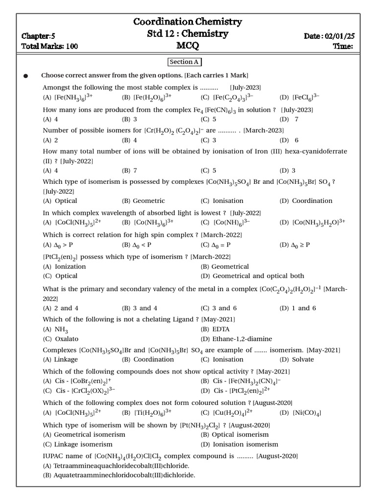 Chap 5 MCQ 02-Jan-2025 | PDF | Coordination Complex | Ligand