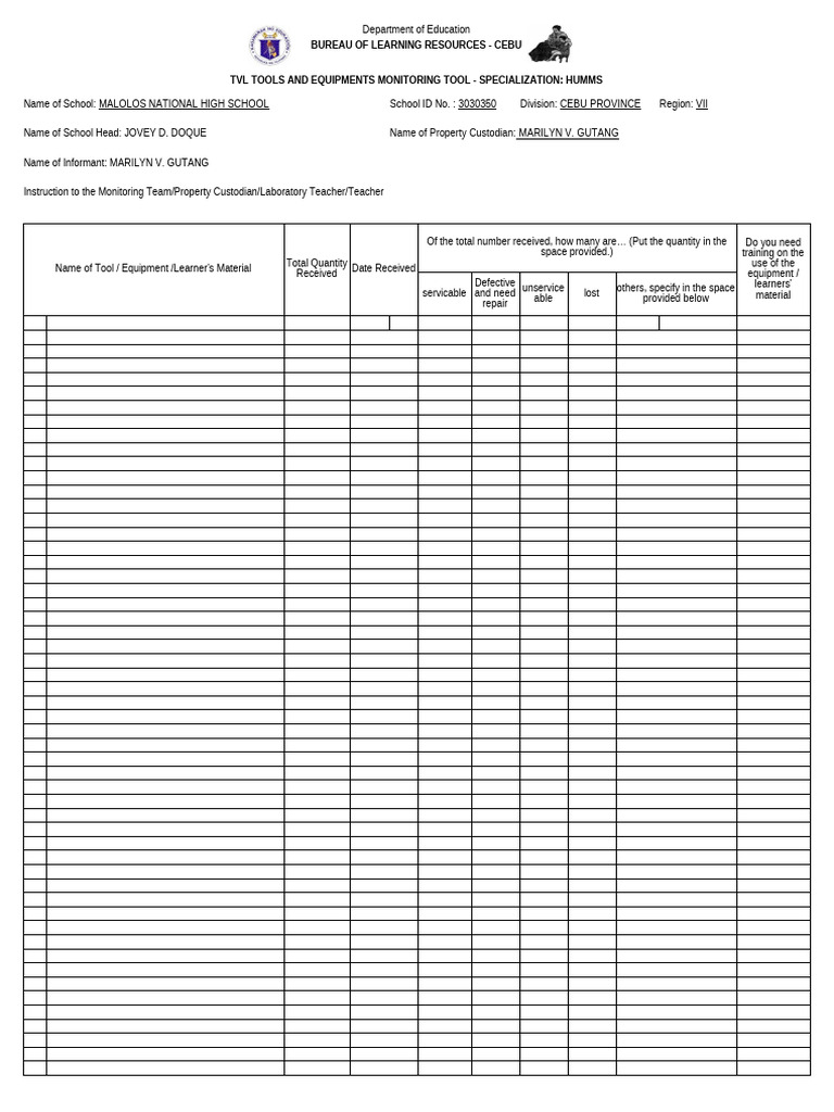 MNHS 2022 TVL-Inventory-Monitoring-Form | PDF | Memorandum