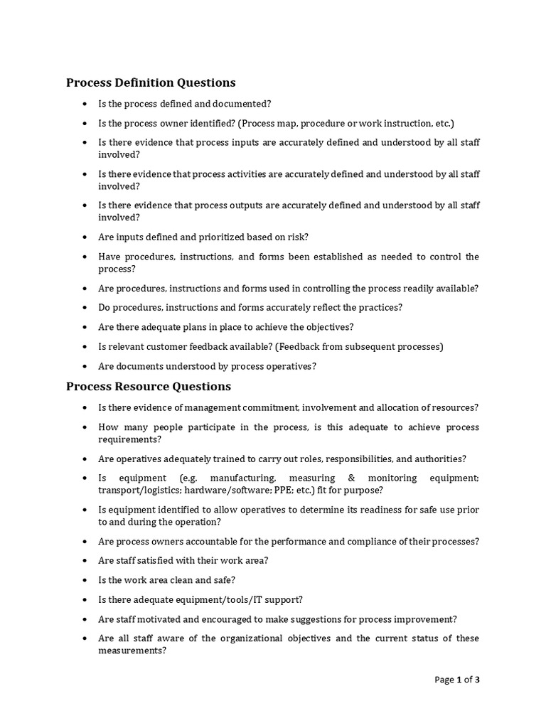 Internal Audit Checklist Questions - Process | PDF | Performance ...