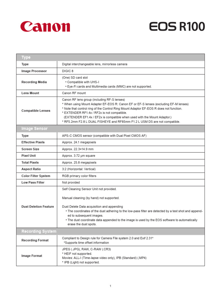 Canon RF Mirrorless Camera Specs | PDF | Exposure (Photography ...