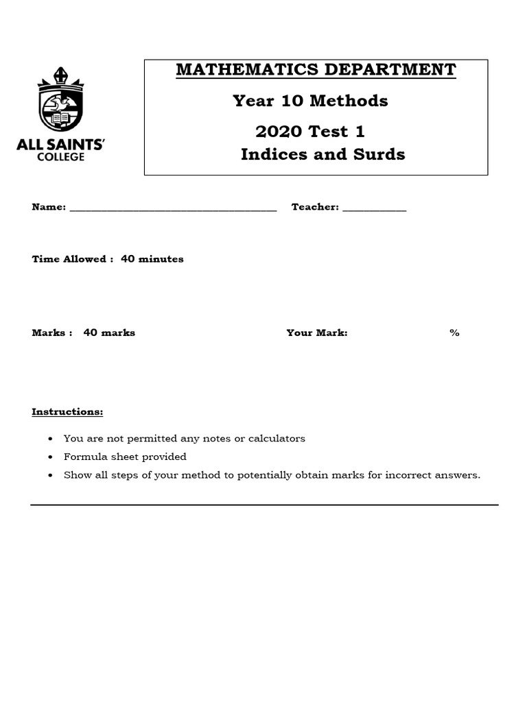 2020 Year 10 ASC Methods Test 1 Indices and Surds | PDF