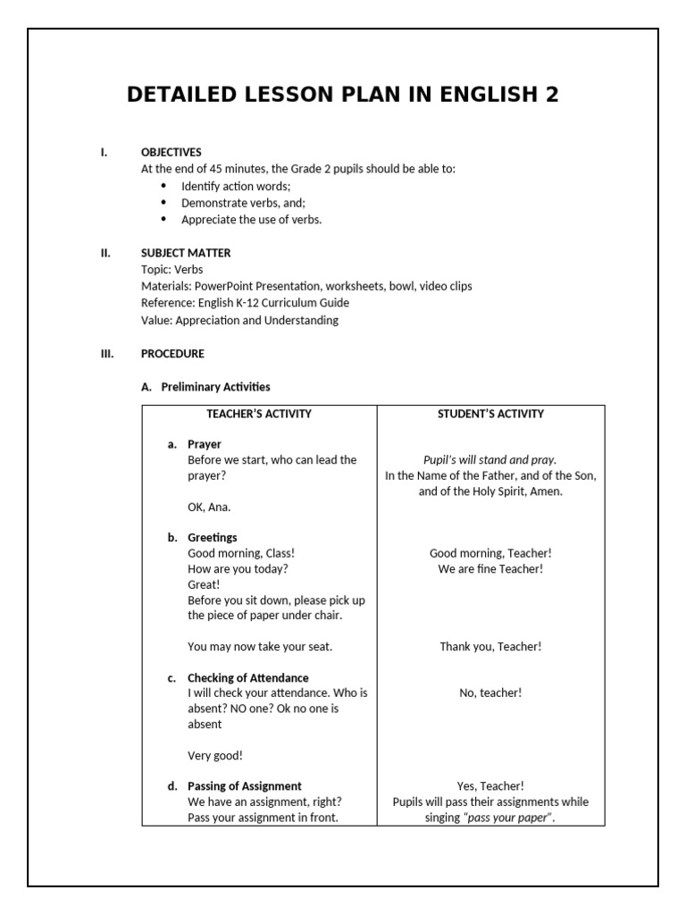 Detailed Lesson Plan in English 2 Verbs | PDF | Lesson Plan | English ...