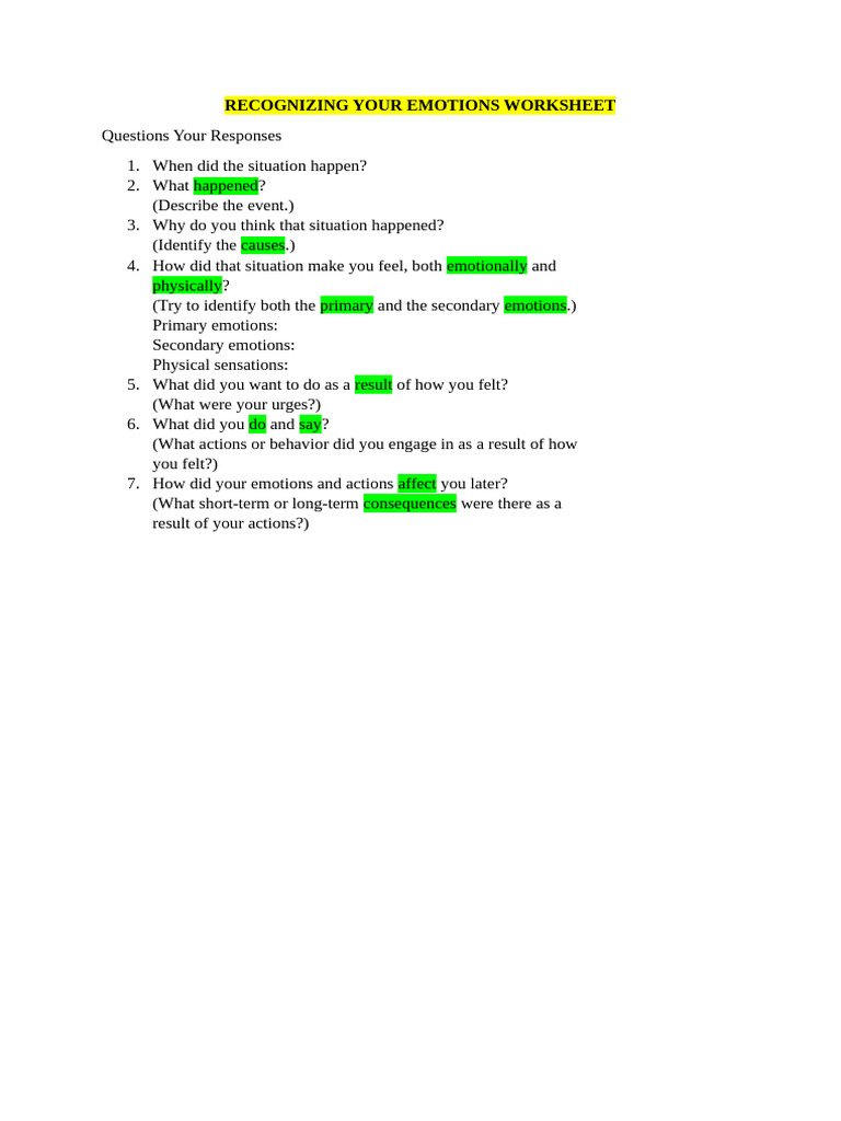 Recognizing Your Emotions Worksheet | PDF