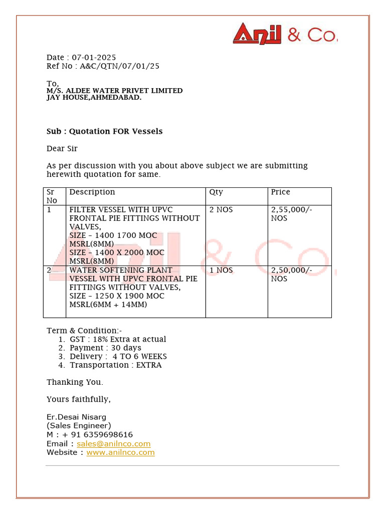 Offer - Vessels - Aldee Water Privet Limited | PDF
