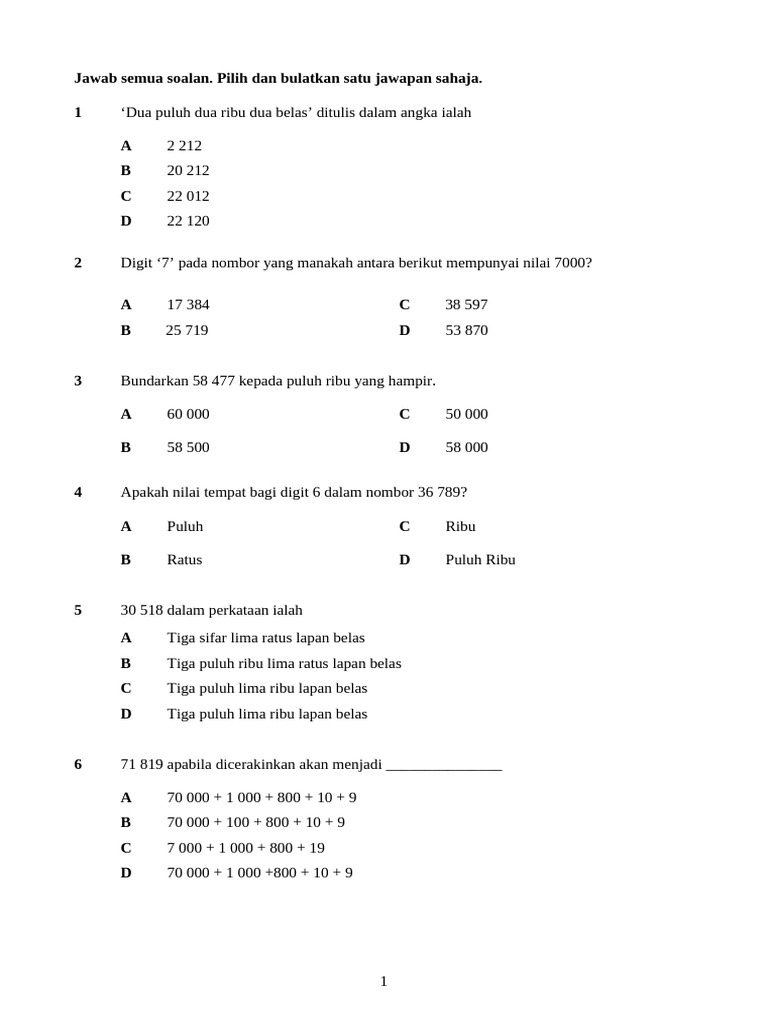 MT TAHUN 4 K1 UJIAN 1 | PDF