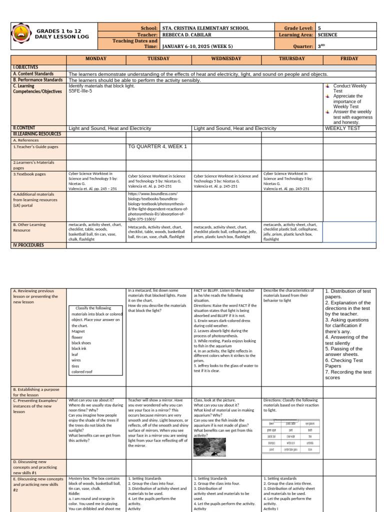 DLL - Science 5 - Q3 - W5 | PDF | Mirror
