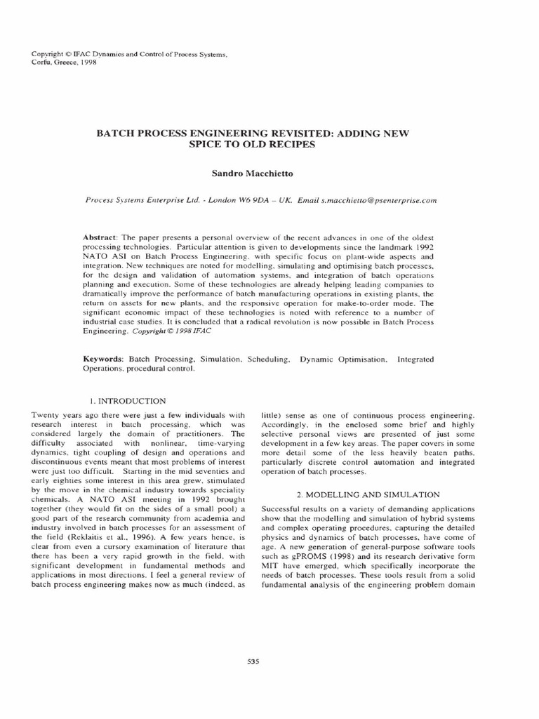 Batch Process Engineering Revisited | PDF | Mathematical Optimization | Simulation